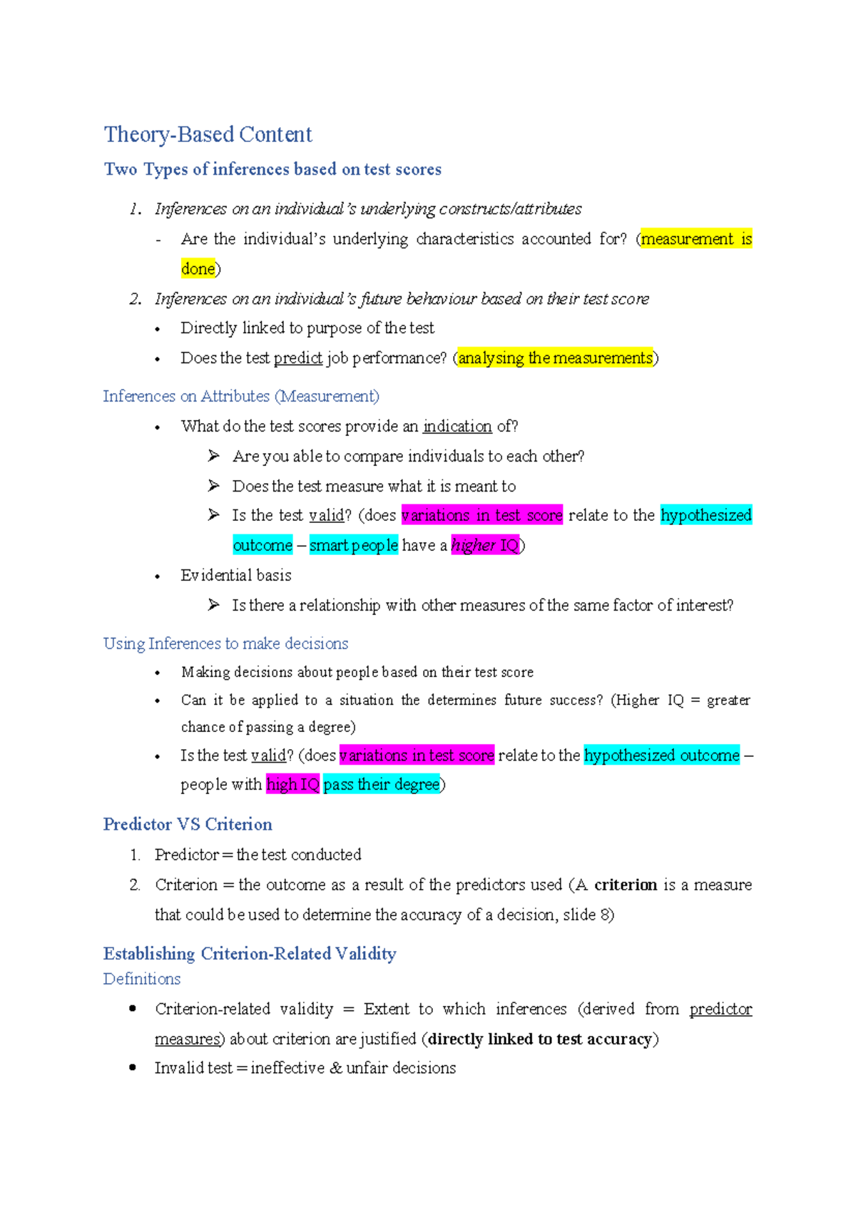 IP 214 Study - Summary Industrial psychology 224 - Theory-Based Content Two Types of inferences ...