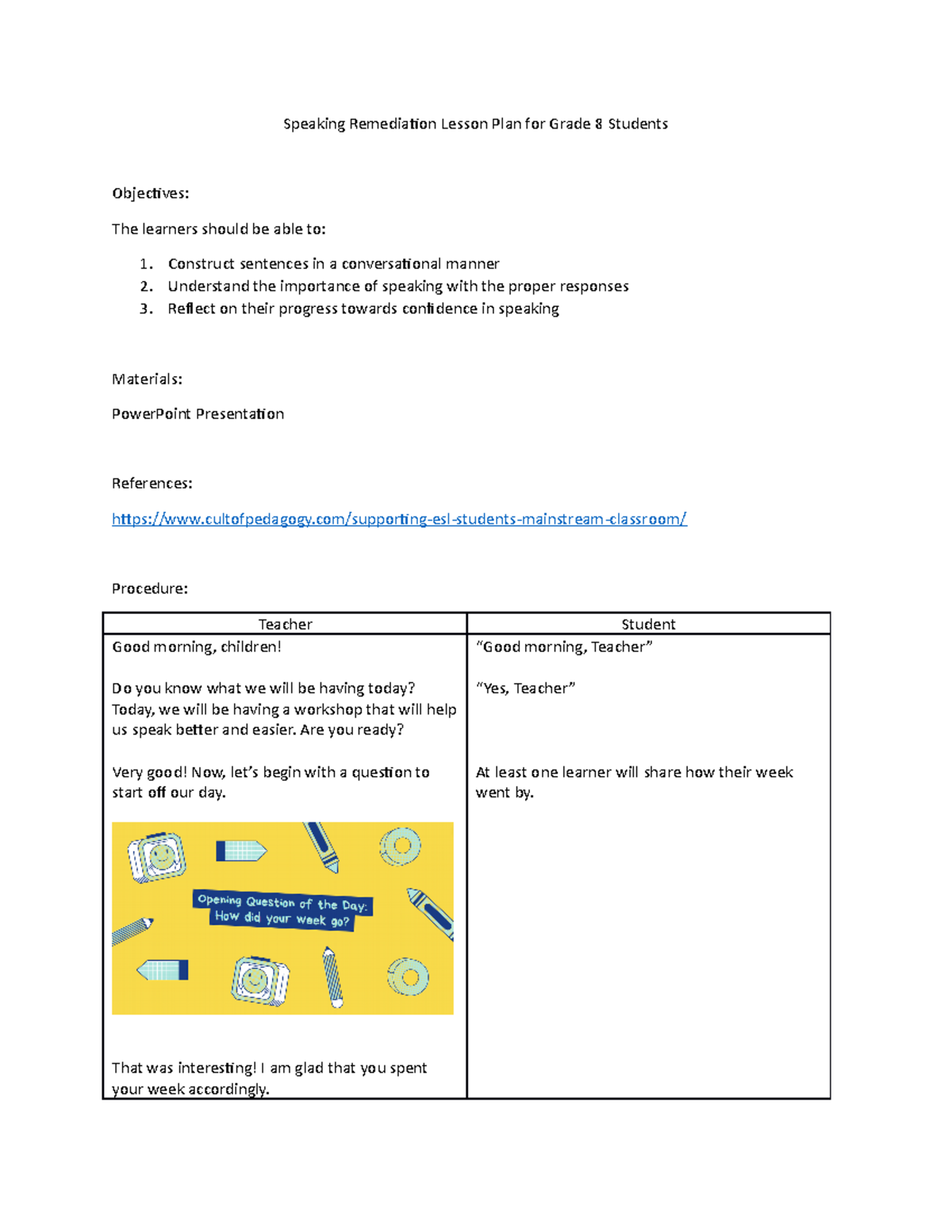 Speaking Remediation Lesson Plan for Grade 8 Students - Are you ready ...