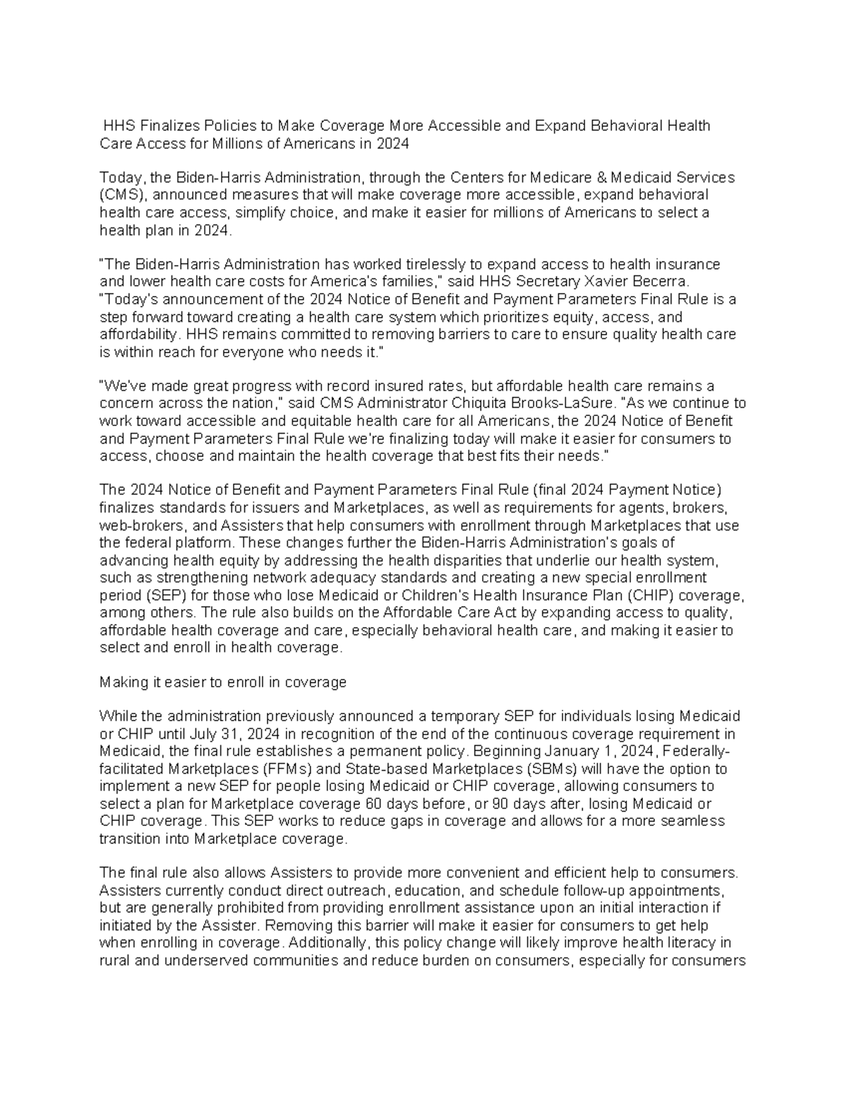 Short paper article - HHS Finalizes Policies to Make Coverage More ...
