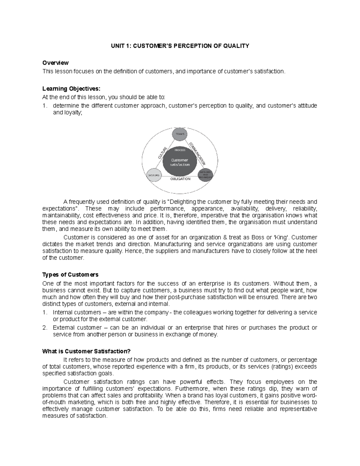 Total Quality Management - Customer's Perception - UNIT 1: CUSTOMER’S ...