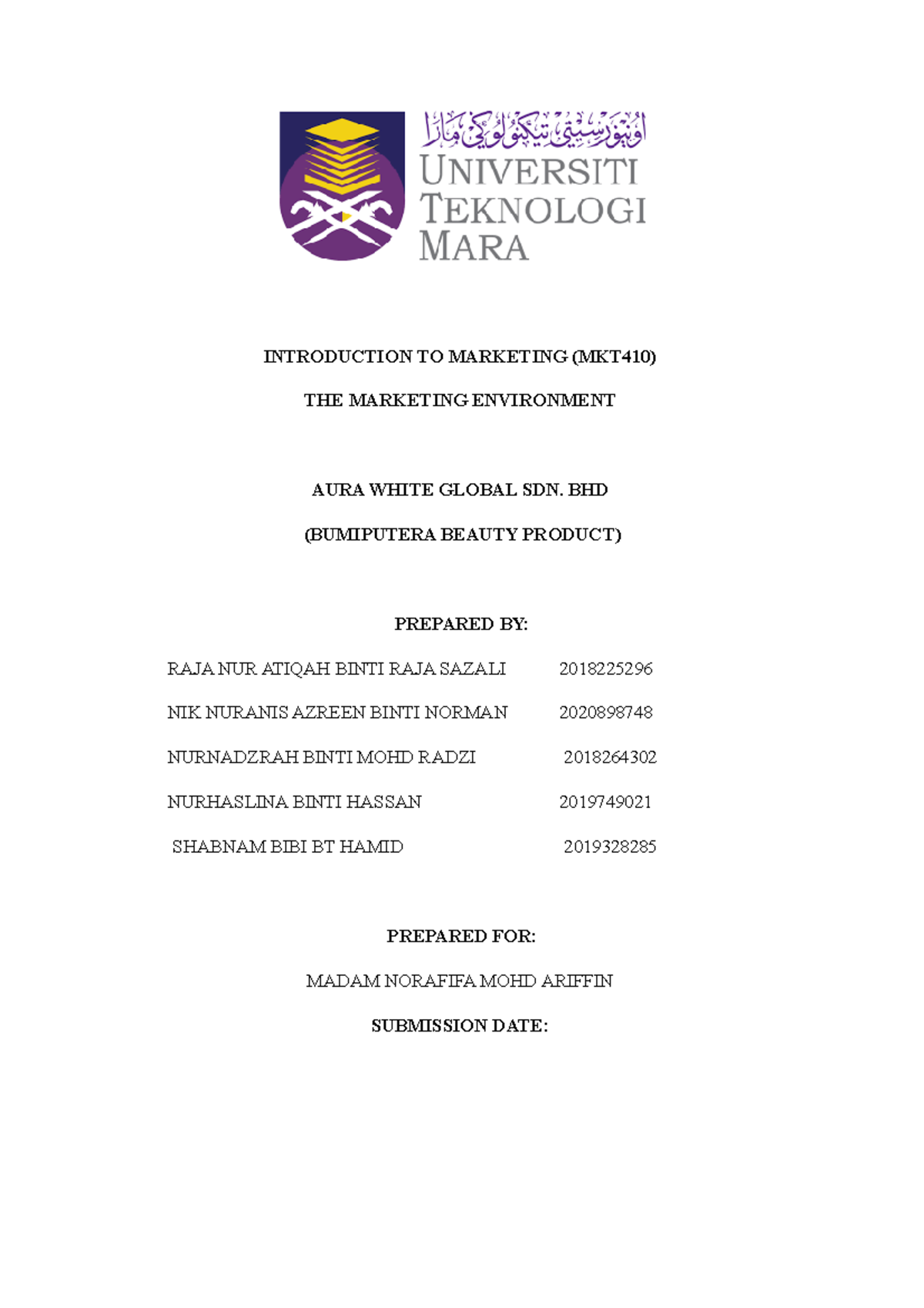 Group case study ''Aurawhite'' asassignment MKT410 - INTRODUCTION TO ...