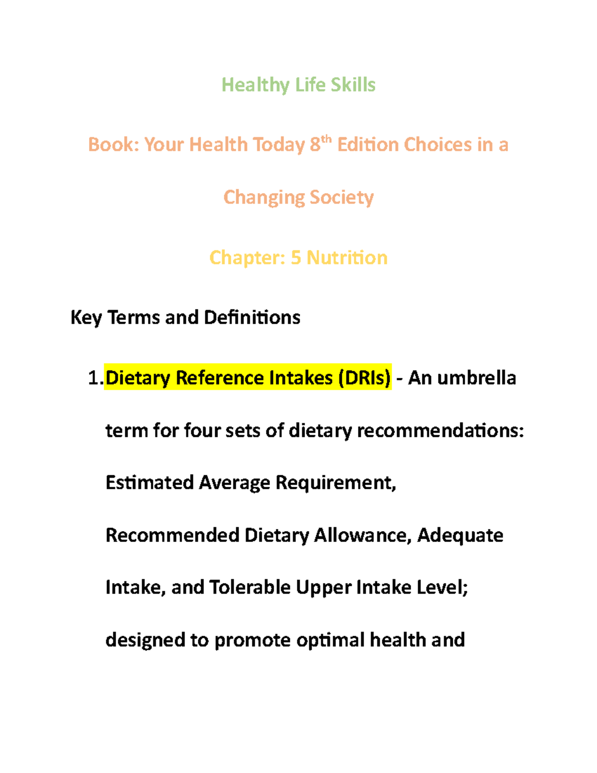 University Healthy Life Skills Chapter 5 Nutrition Key Terms and ...