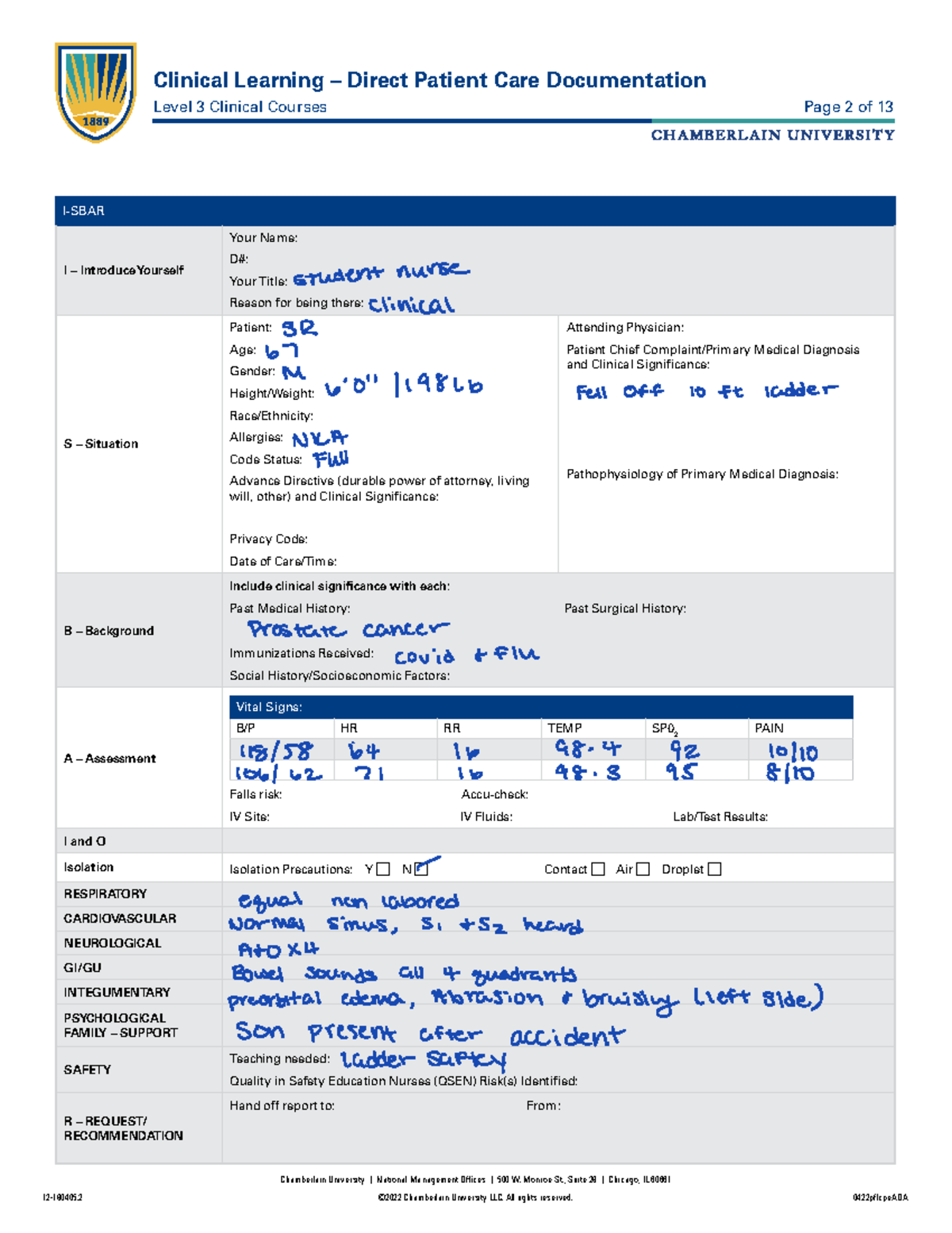 Week 5 clinical paperwork - 12-180405 ©2022 Chamberlain University LLC ...