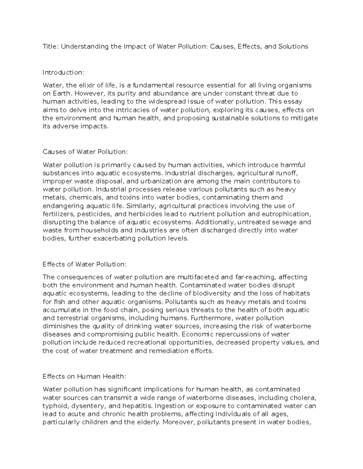 Understanding water pollution - Title: Understanding the Impact of ...