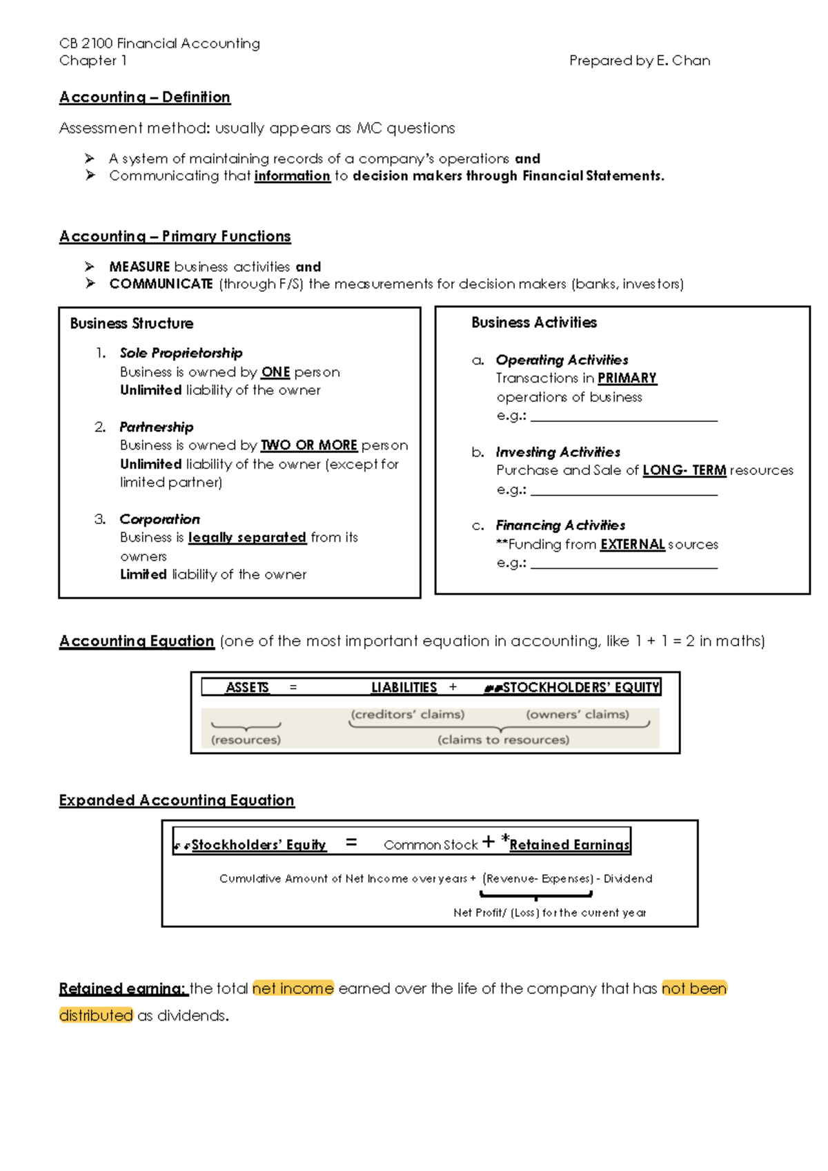 CB2100 Tutorial Chapter 1 notes - CB 2100 Financial Accounting Chapter ...