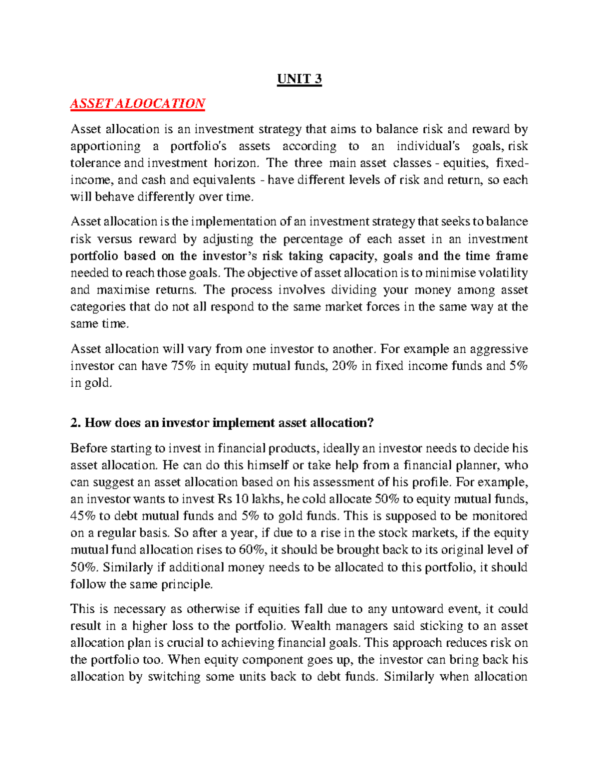 Unit 3 - unit 3 of sapm - UNIT 3 ASSET ALOOCATION Asset allocation is an investment strategy ...