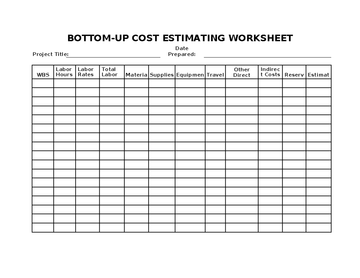 Qso355 cost estimating worksheet template - QSO420 - BOTTOM-UP COST ESTIMATING WORKSHEET Project ...
