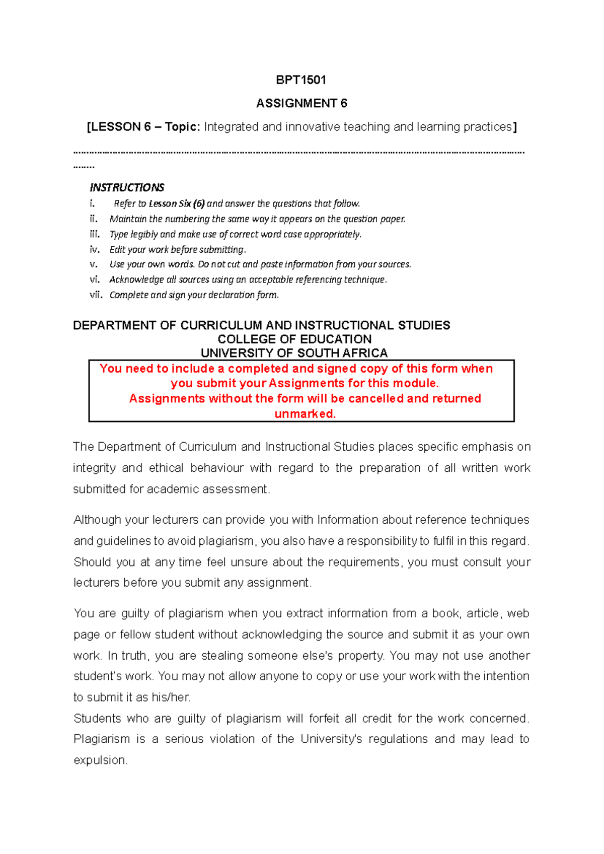 Semester 2 BPT1501 Assignment 6 - BPT ASSIGNMENT 6 [LESSON 6 – Topic ...
