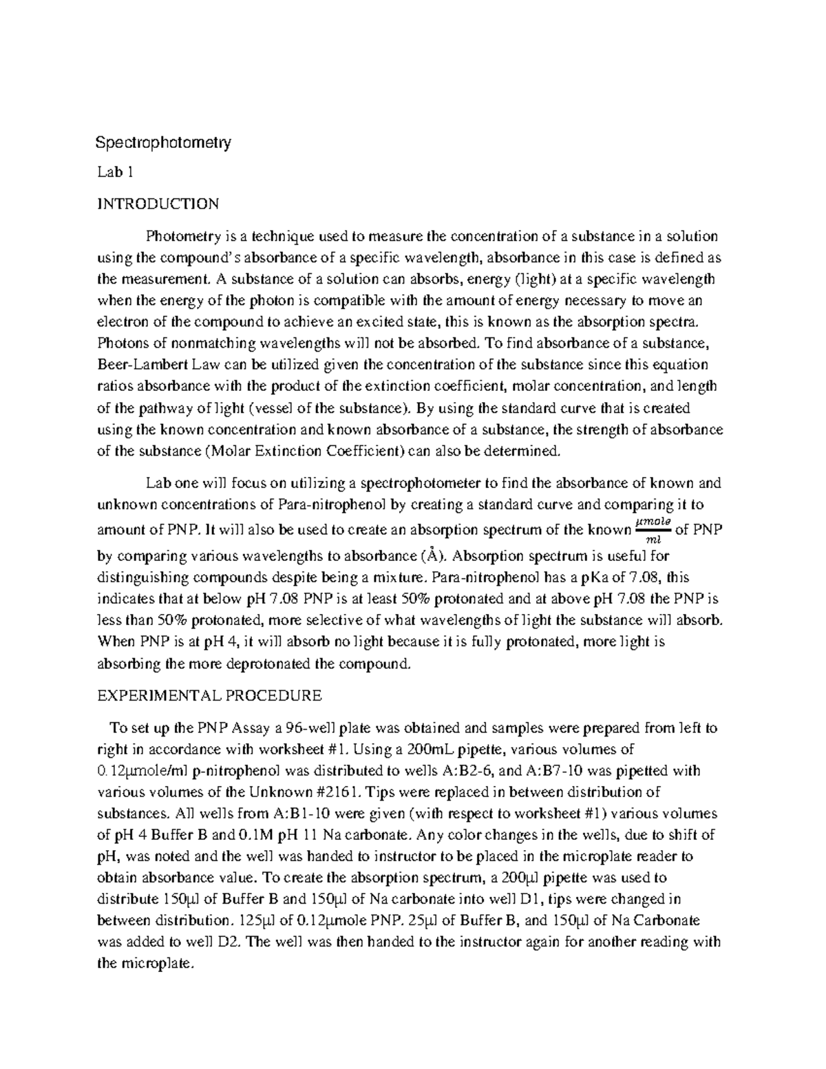 Lab One Spectrophotometry - Mary Elizabeth Luzada 31. Lab 1 INTRODUCTION Photometry is a ...