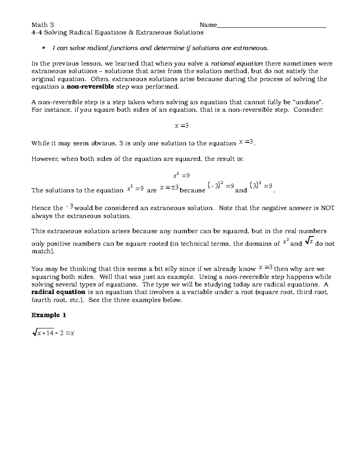 4-4 Solving Radical Equations and Extraneous Solutions 4 - Math 3 - Studocu