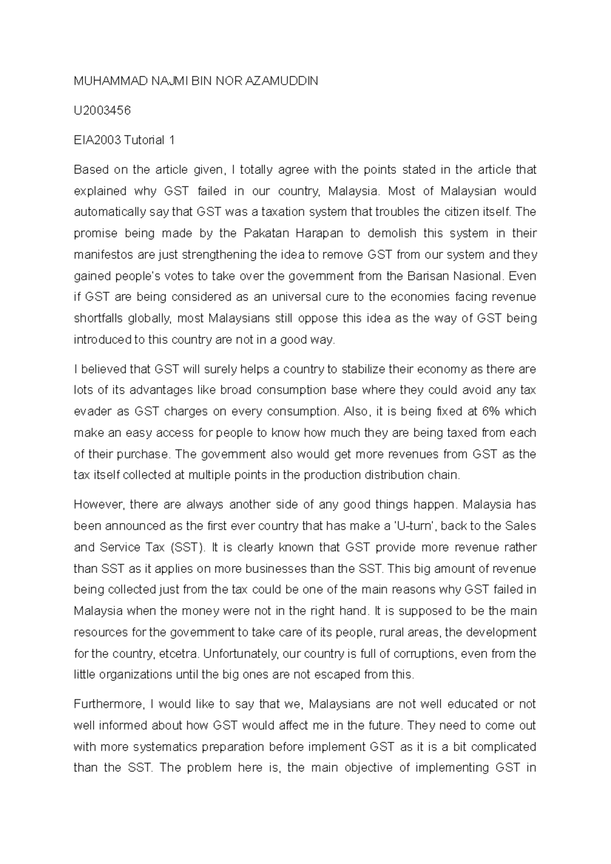 Najmi Azamuddin U2003 456 EIA2003 Tuto1 - MUHAMMAD NAJMI BIN NOR AZAMUDDIN U EIA2003 Tutorial 1 ...