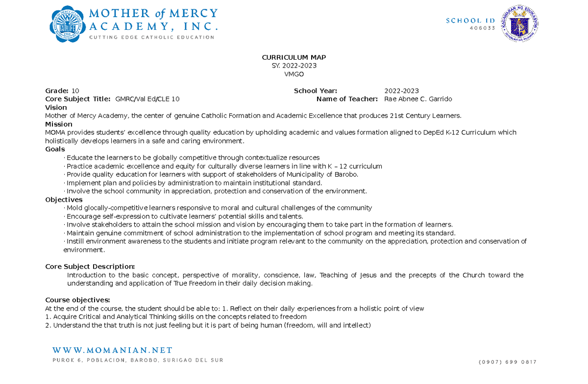 Curriculum map GMRC 10 - CURRICULUM MAP SY. 2022- VMGO Grade: 10 School ...