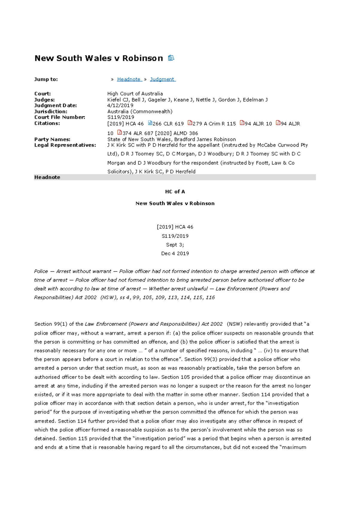 NSW v Robinson - case headnotes fpr Civil and Criminal Procedure ...
