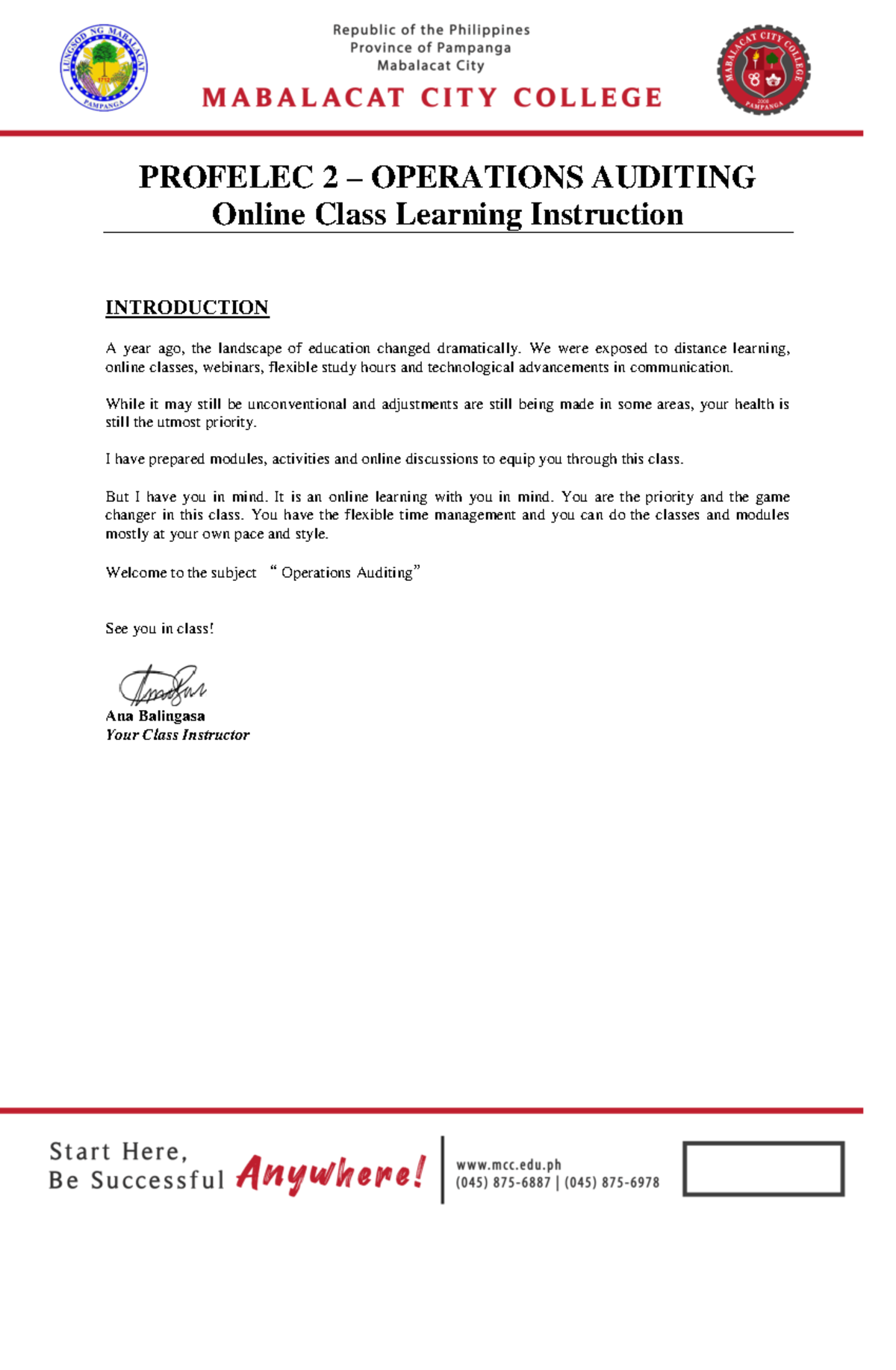 Operations Auditing Class Orientation - PROFELEC 2 – OPERATIONS AUDITING Online Class Learning ...