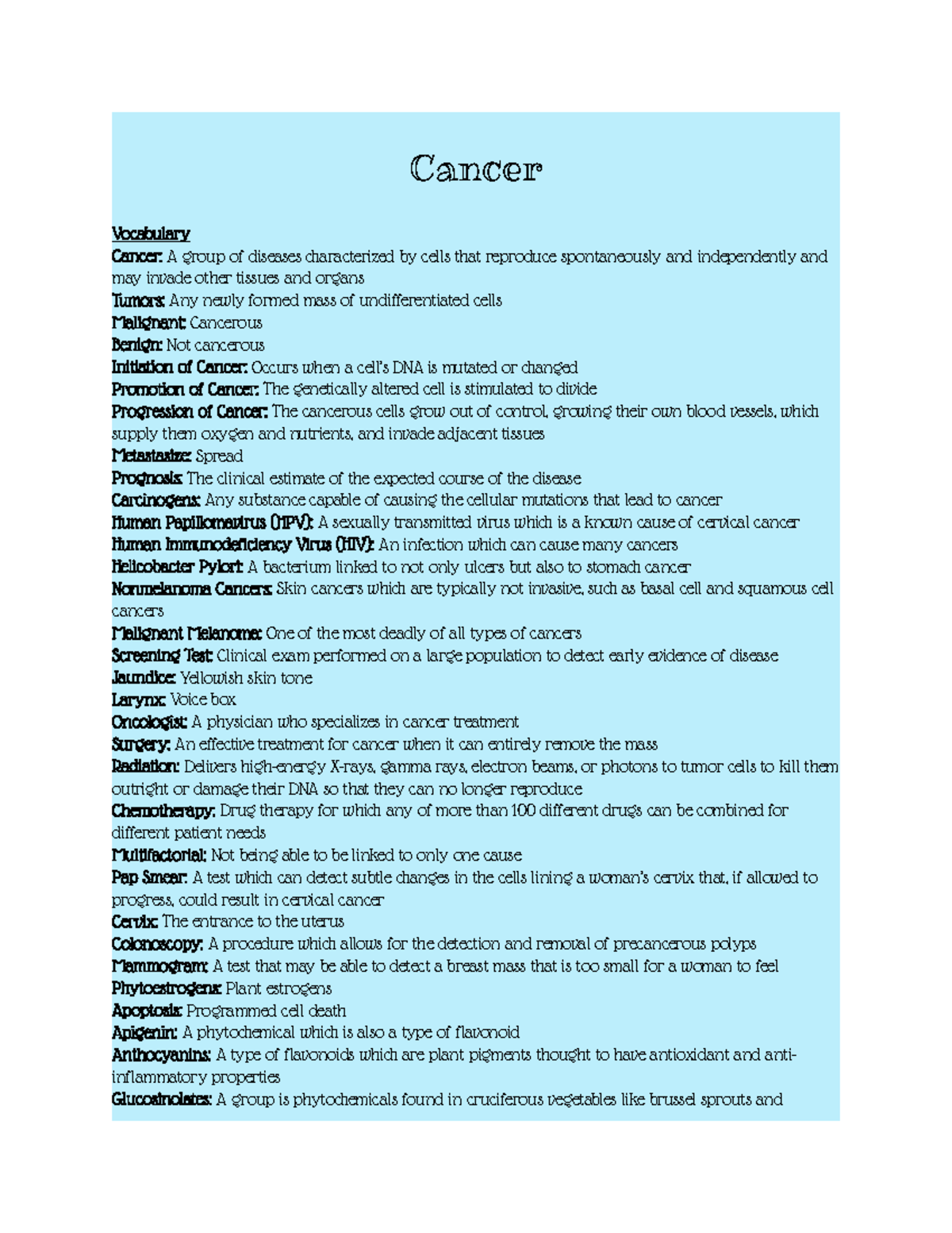 Ch. 8.5 In Depth Notes - Cancer Vocabulary Cancer: A group of diseases ...