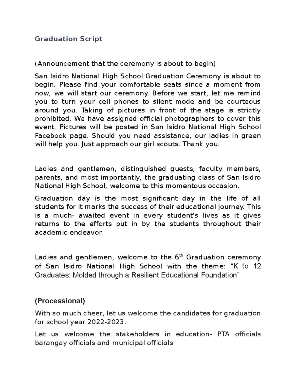 Graduation Ceremony Script