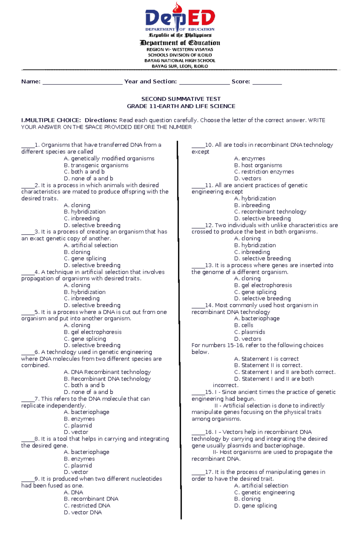 2nd Summative Test - Name: ______________________________ Year and ...