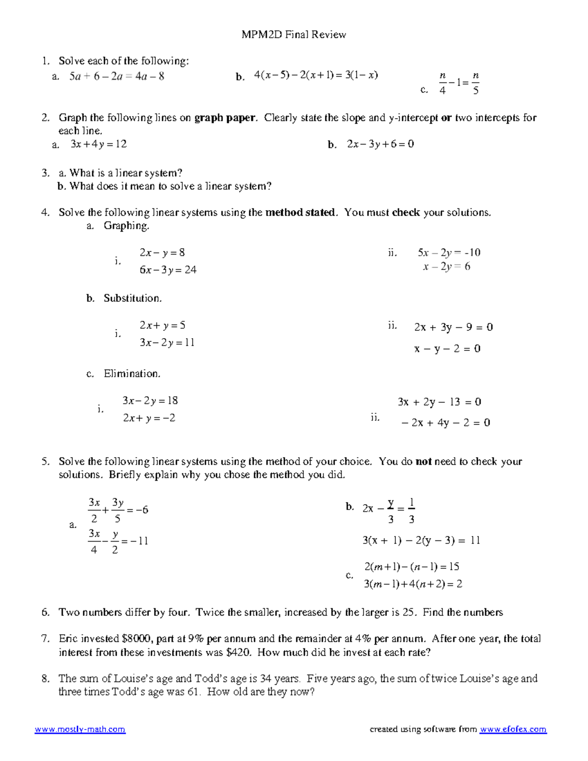 MPM2D-Final-Review - Math Review - MPM2D Final Review Solve each of the following: a. b. 4( x 5 ...