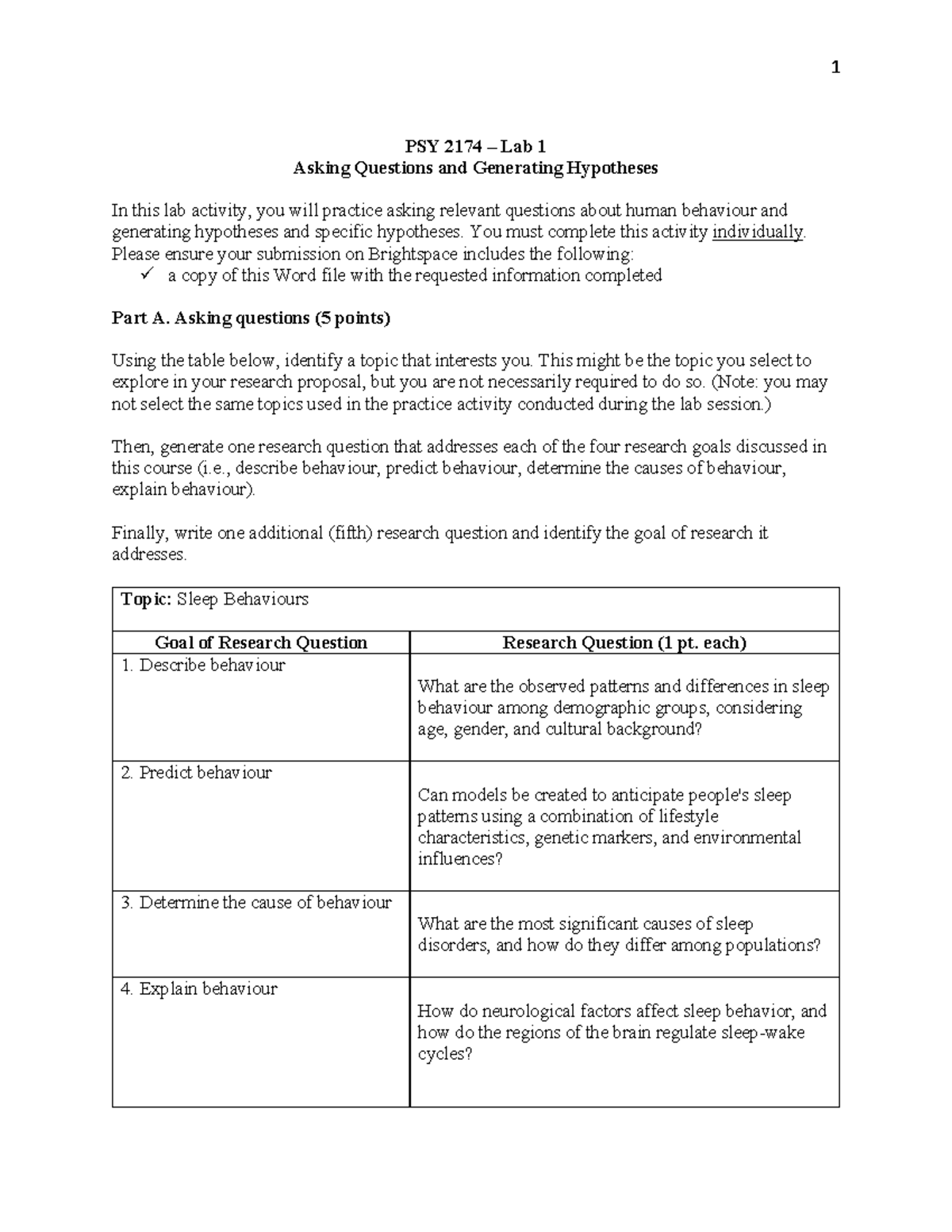 Lab Activity 1 - PSY 2174 - 1 PSY 2174 – Lab 1 Asking Questions and Generating Hypotheses In ...