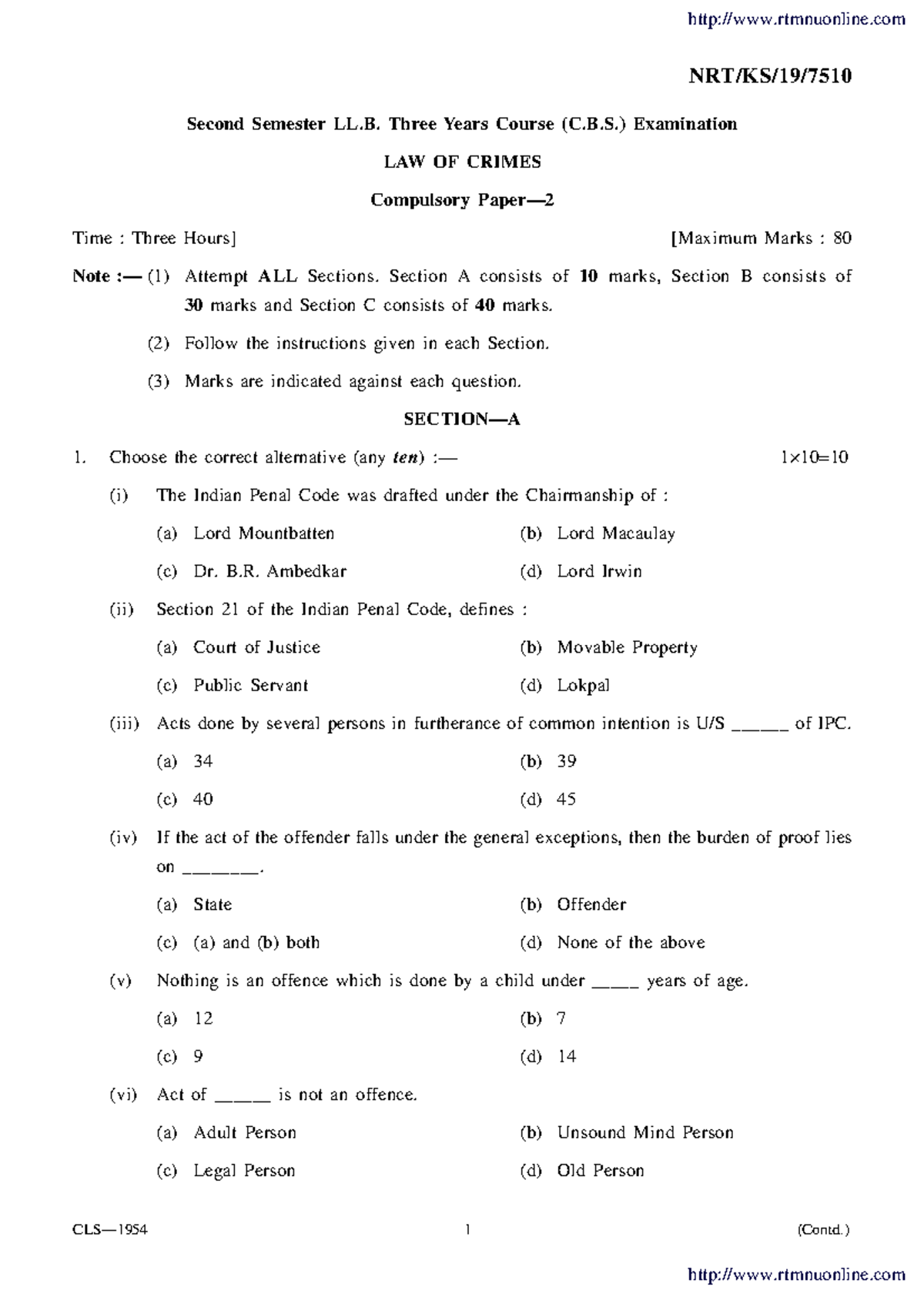 Llb 2 sem law of crimes p2 7510 summer 2019 - NRT/KS/19/ Second ...