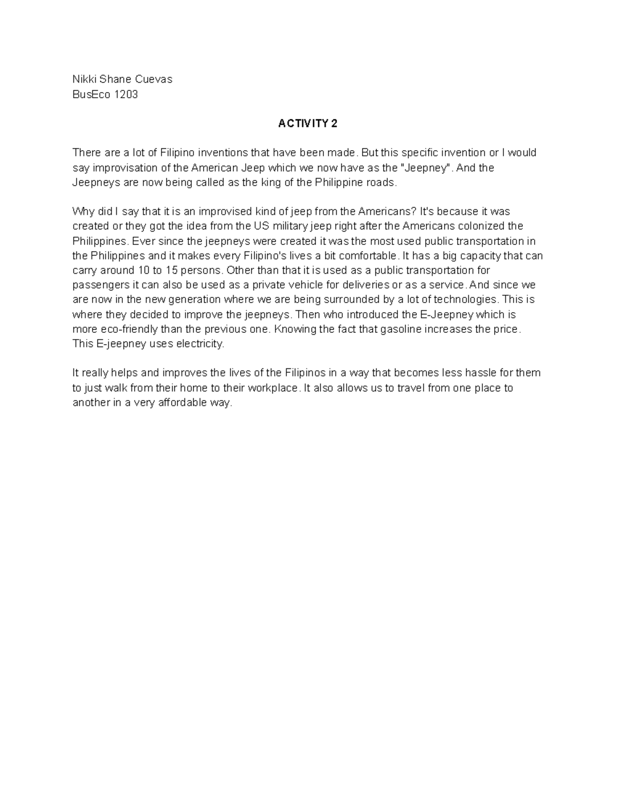 STS act 2 - Activity number 2 in sts - Nikki Shane Cuevas BusEco 1203 ACTIVITY 2 There are a lot ...