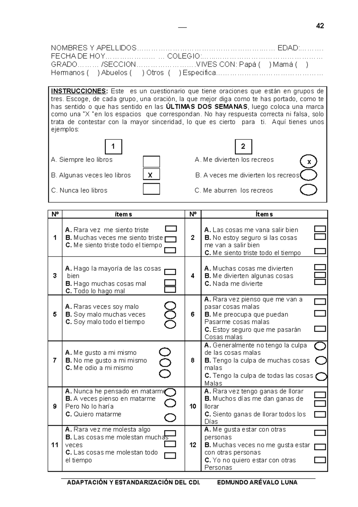 CDI test evaluación niños depresión - NOMBRES Y - Studocu