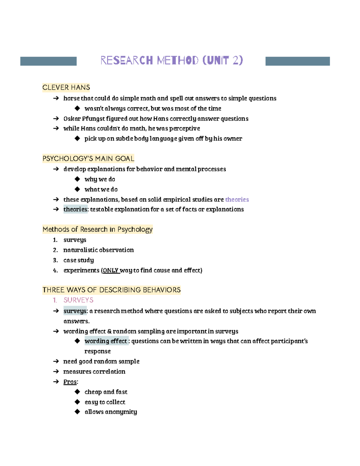 Unit 2 Research Method - AP Psychology Notes - reSEarCh MetHOd (unIT 2 ...