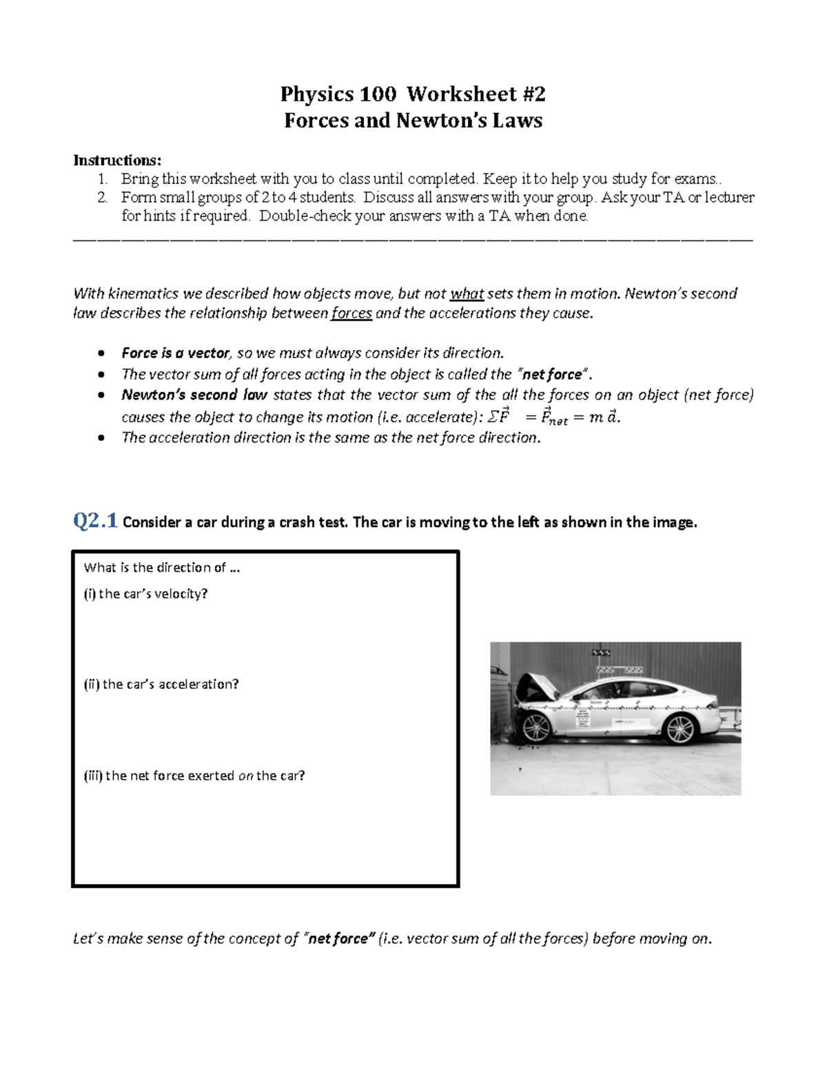 Worksheet 2-Forces-2022 - Physics 100 Worksheet Forces and Newton’s ...