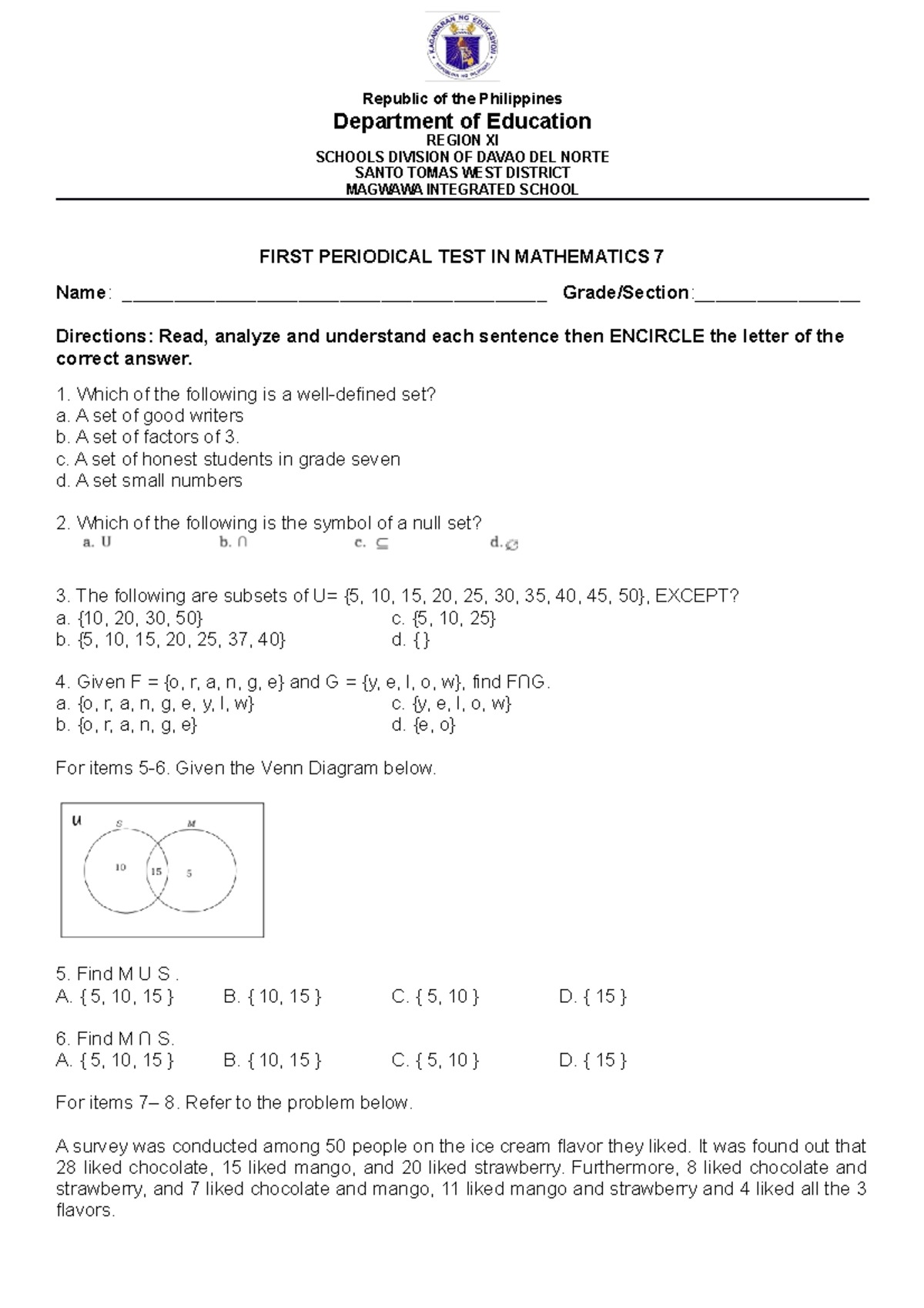 Grade 7 1ST Final QE - Examination - Republic of the Philippines ...