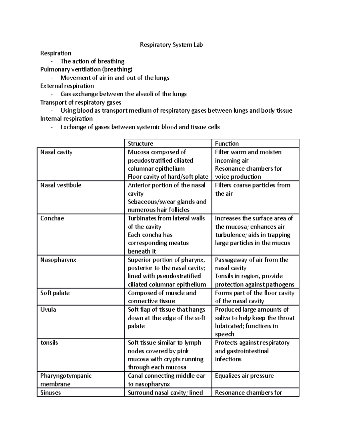Respiratory System Lab - Respiratory System Lab Respiration The action ...