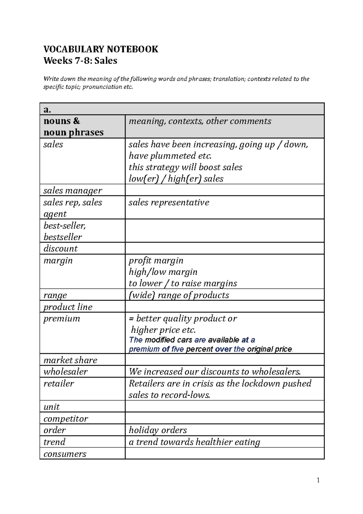 Week 8 Sales vocabulary list - VOCABULARY NOTEBOOK Weeks 7-8: Sales ...