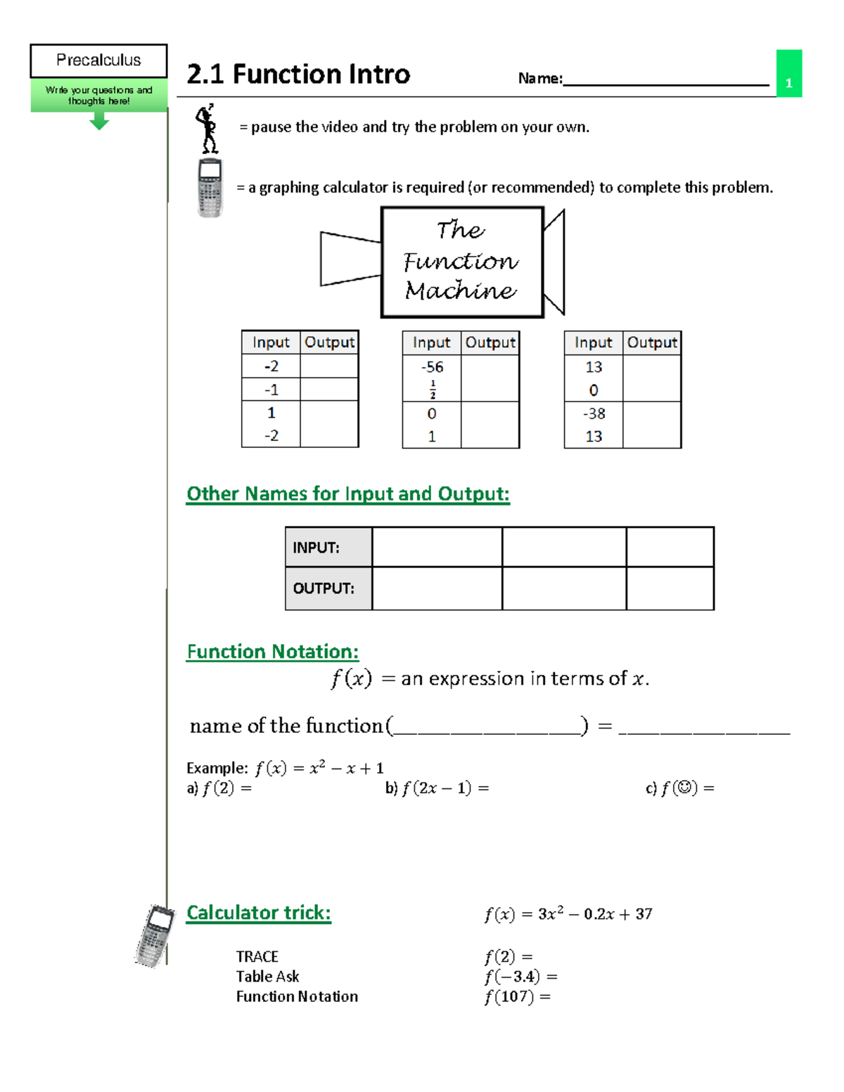 AP Precalculus Practice - 2 Function Intro Name ...