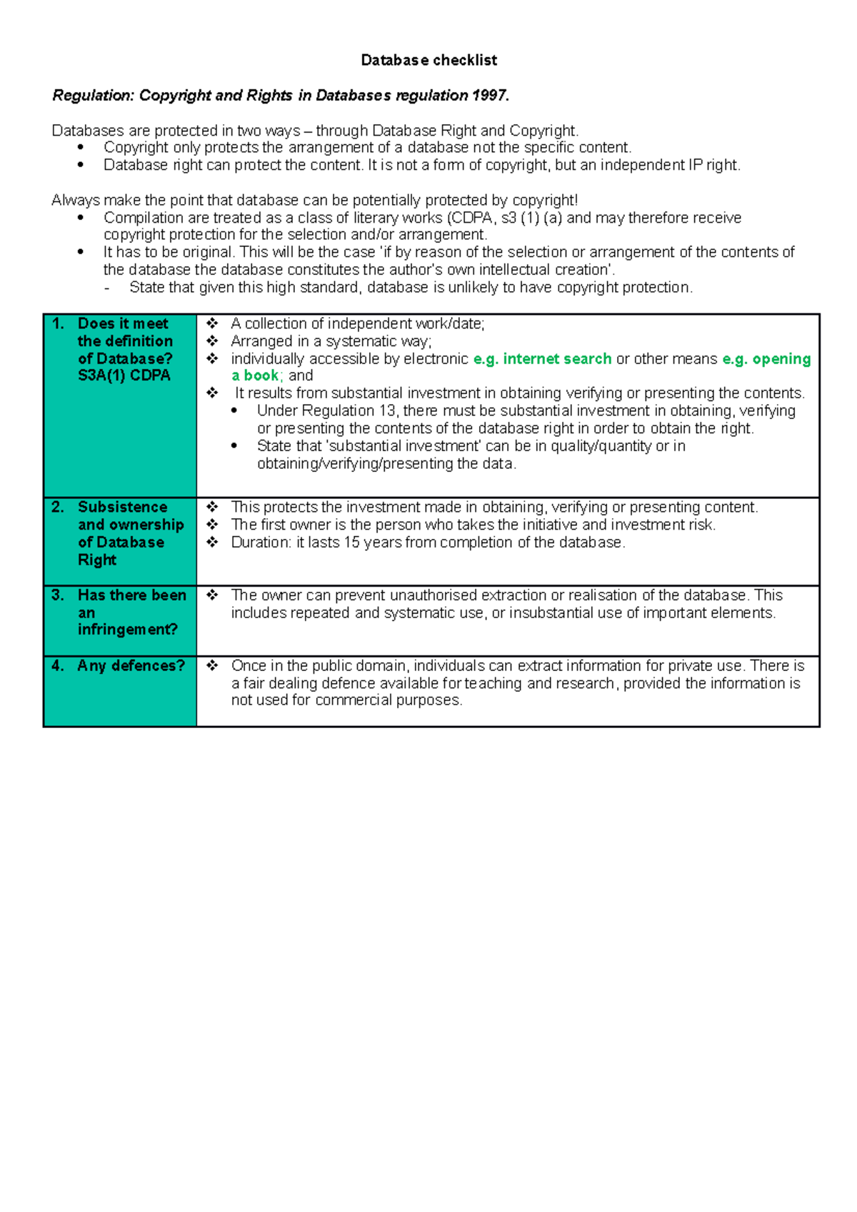 Database Rights - Database checklist Regulation: Copyright and Rights ...