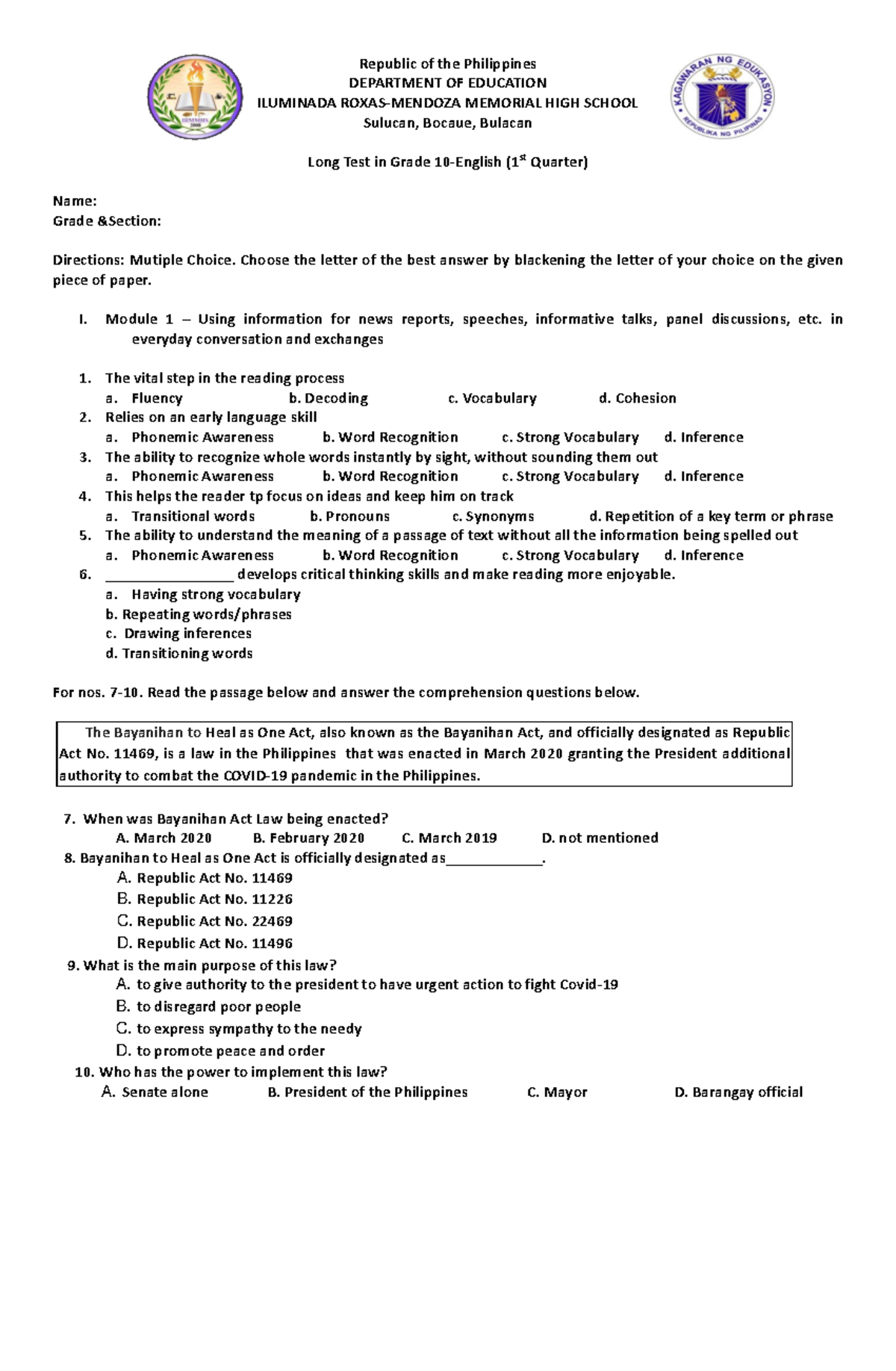 LONG TEST IN English 10 1ST Quarter - Republic of the Philippines ...