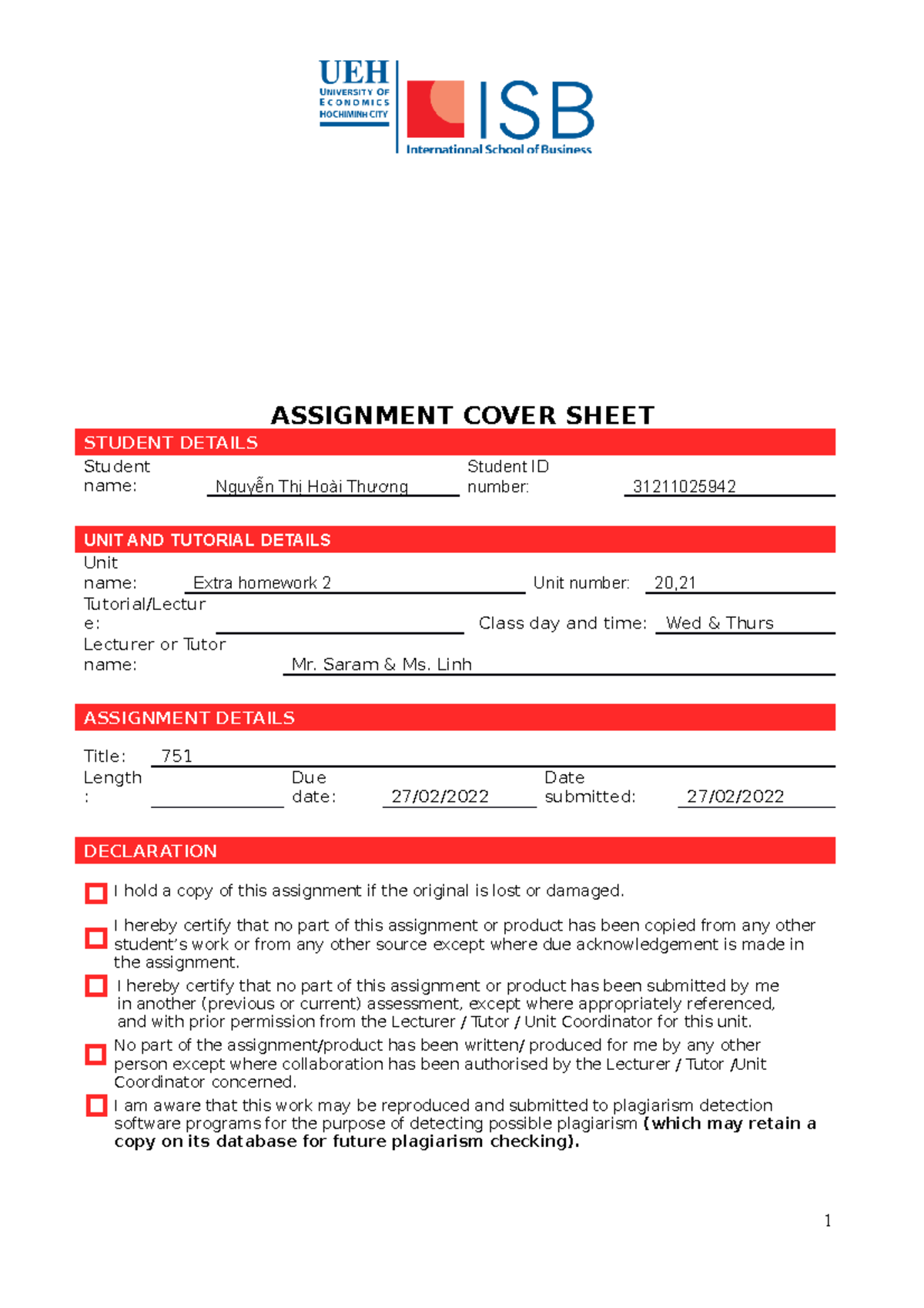 Assignment Cover Sheet - ASSIGNMENT COVER SHEET STUDENT DETAILS Student ...