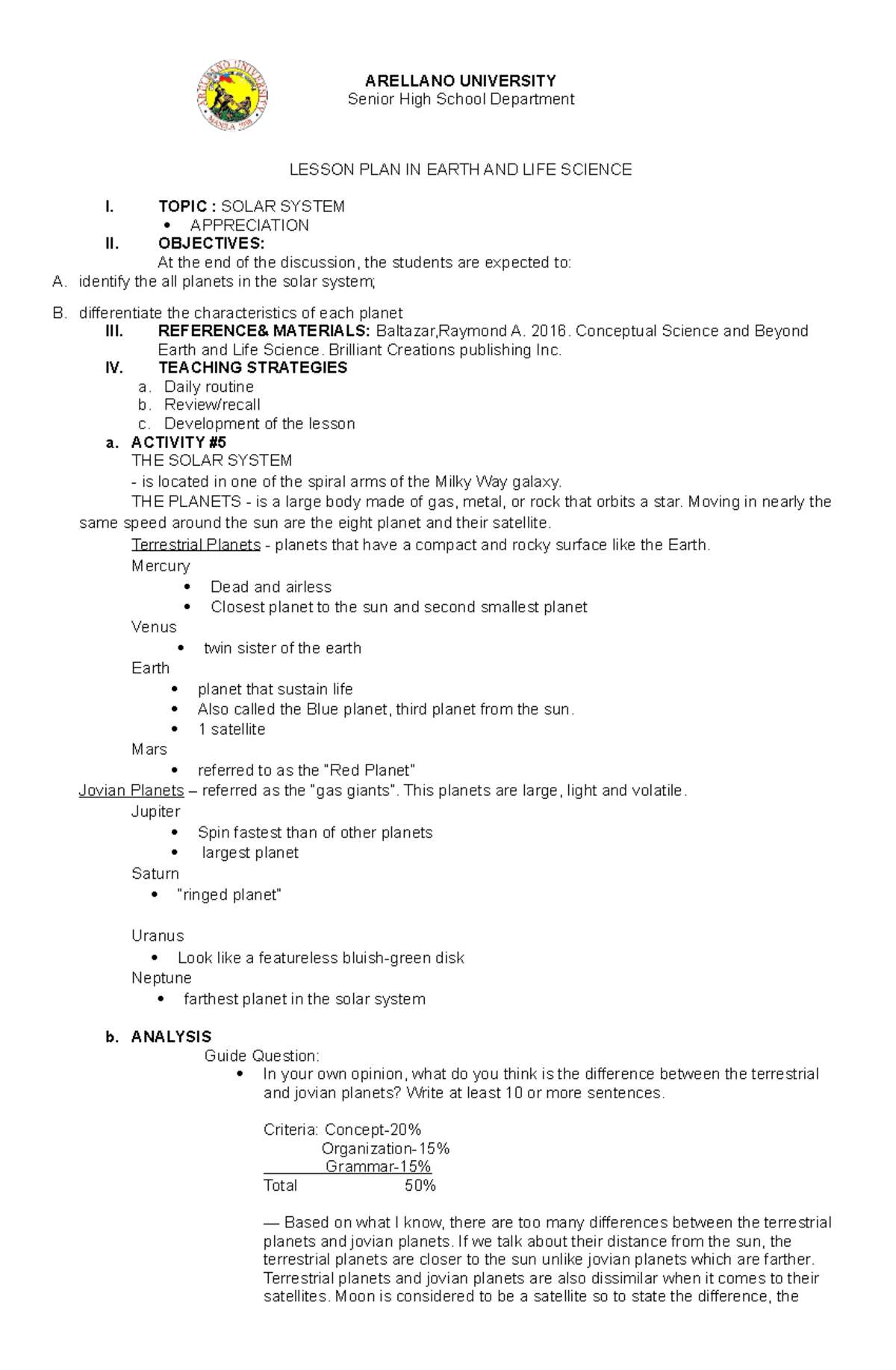 DLP Solar System 1 - basta - ARELLANO UNIVERSITY Senior High School ...
