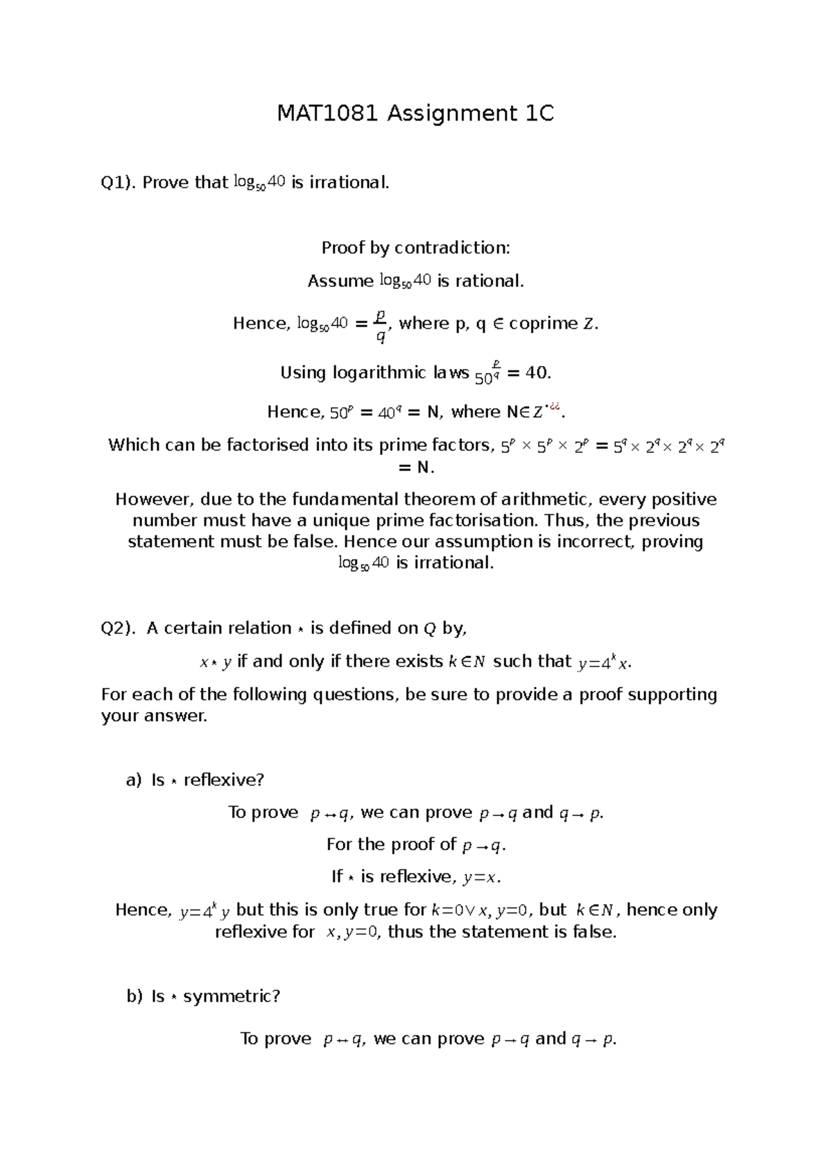 Unsw Math1081 Discrete Mathematics Assignment 1c Mat1081 Assignment 1c Q1 Prove That Log 50