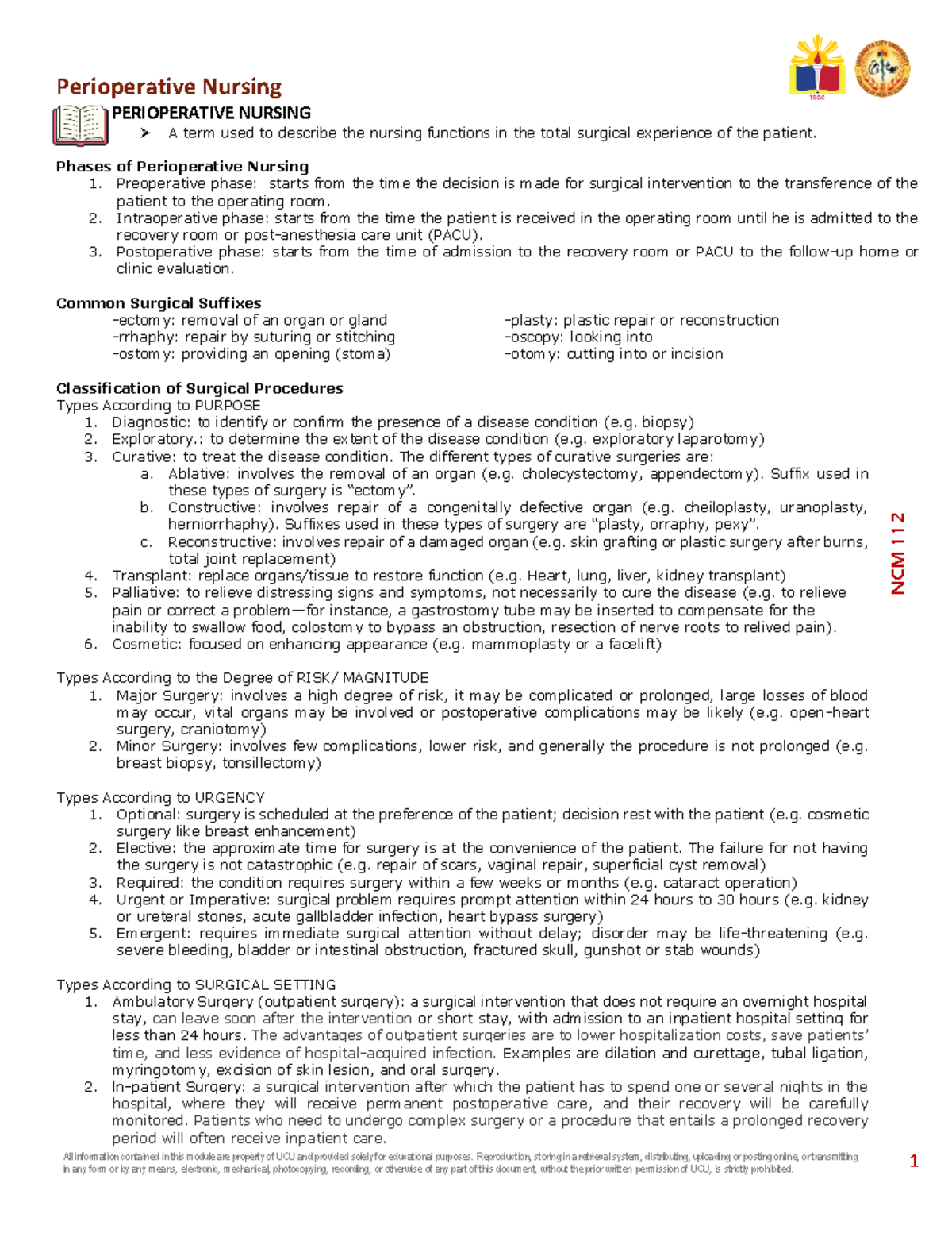 Study Guide 10 Perioperative Nursing (for students) - 1 All information ...