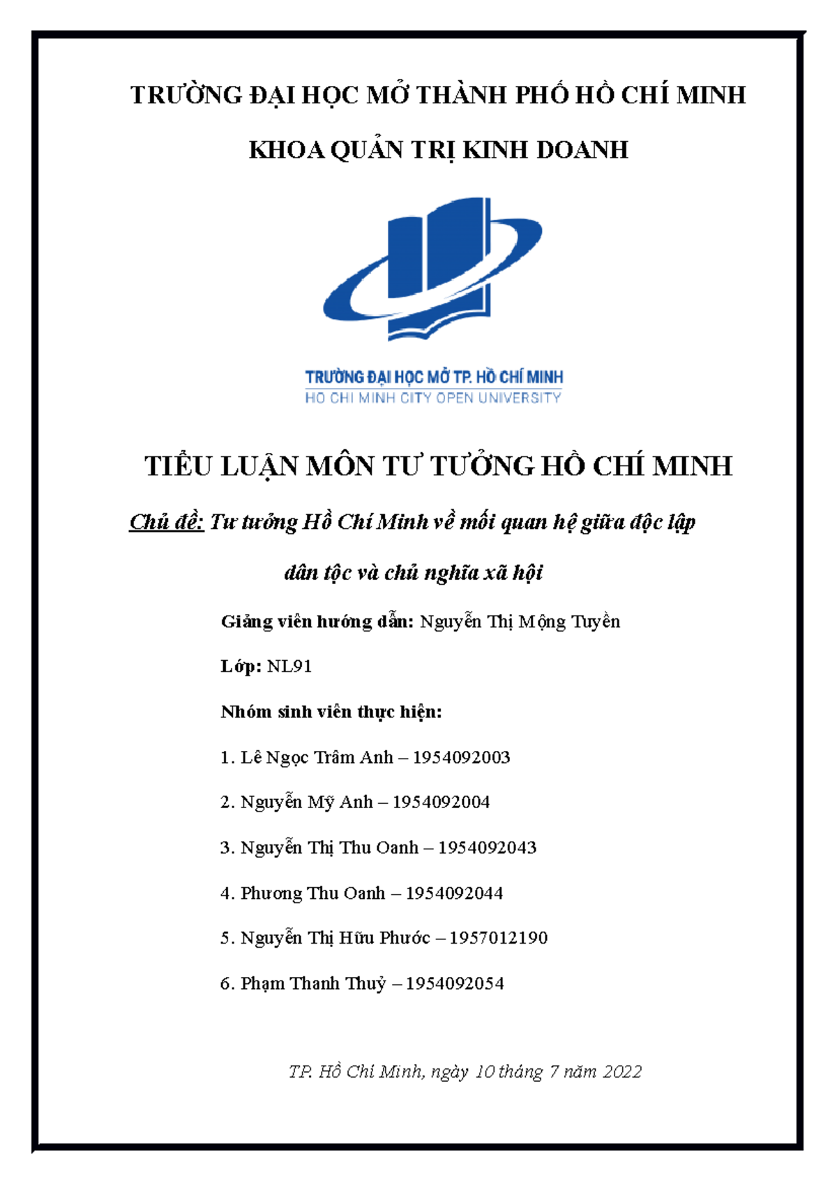 Bài tiểu luận Tthcm - TRƯỜNG ĐẠI HỌC MỞ THÀNH PHỐ HỒ CHÍ MINH KHOA QUẢN ...