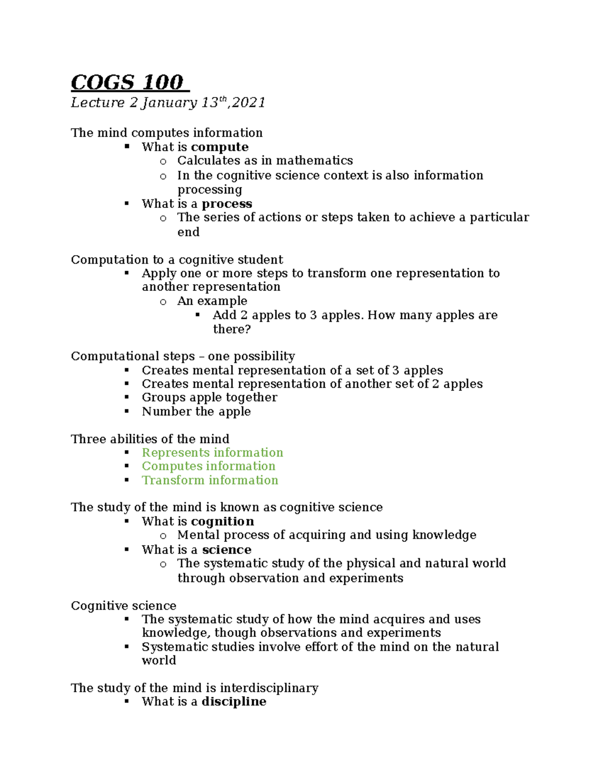 COGS 100 lecture 2 sfu - COGS 100 Lecture 2 January 13th, The mind ...