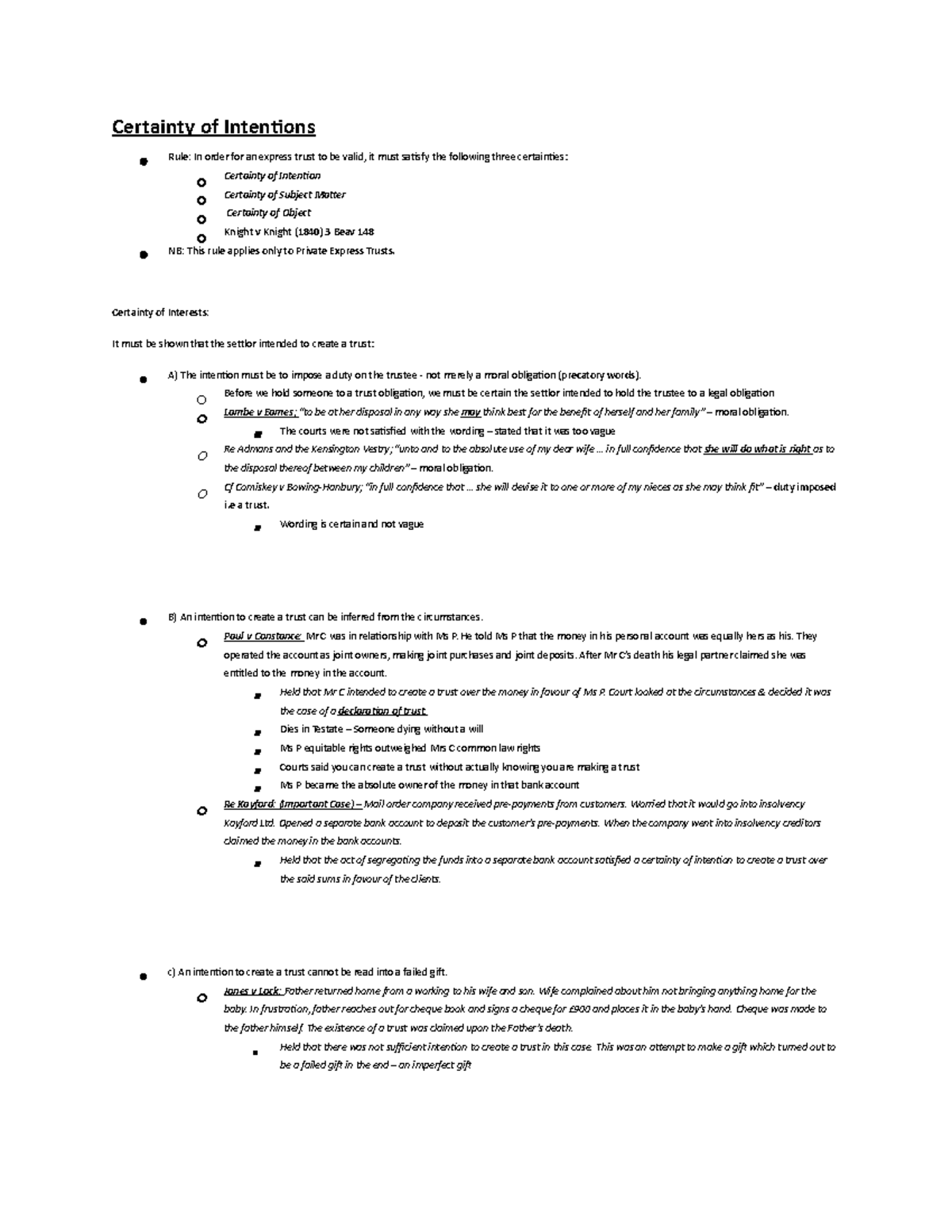 Certainty of Intention Notes - Certainty of Intentions Rule: In order ...