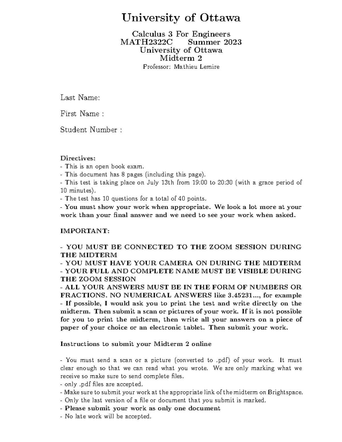 MAT2322 Midterm 2 Summer 2023 - MAT2322 - uOttawa - Studocu