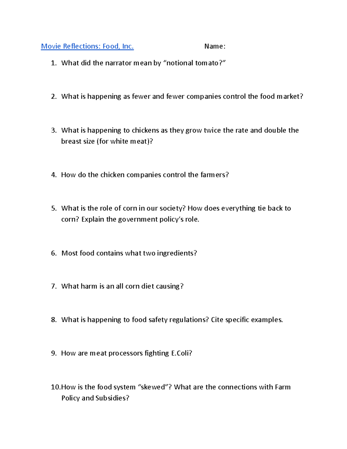 Copy of 01 - Food Inc Video Handout - Movie Reflections: Food, Inc ...