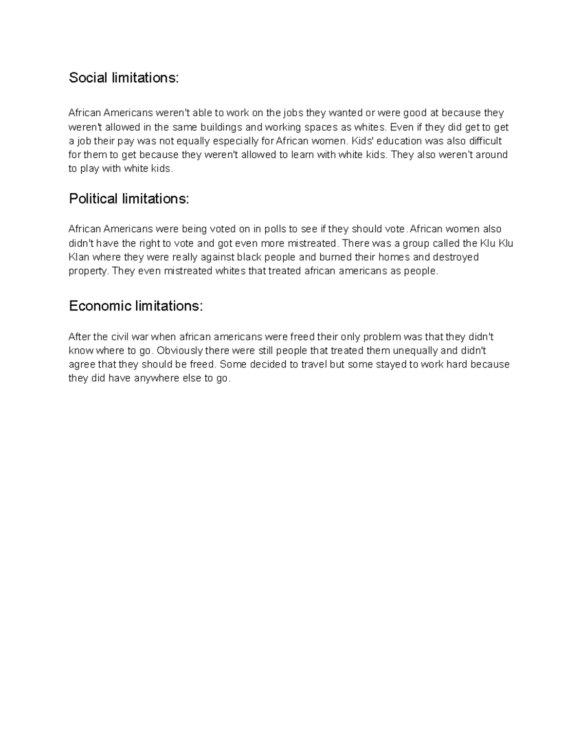 01.06 Face of Freedom - assignment - Social limitations: African Americans weren't able to work ...