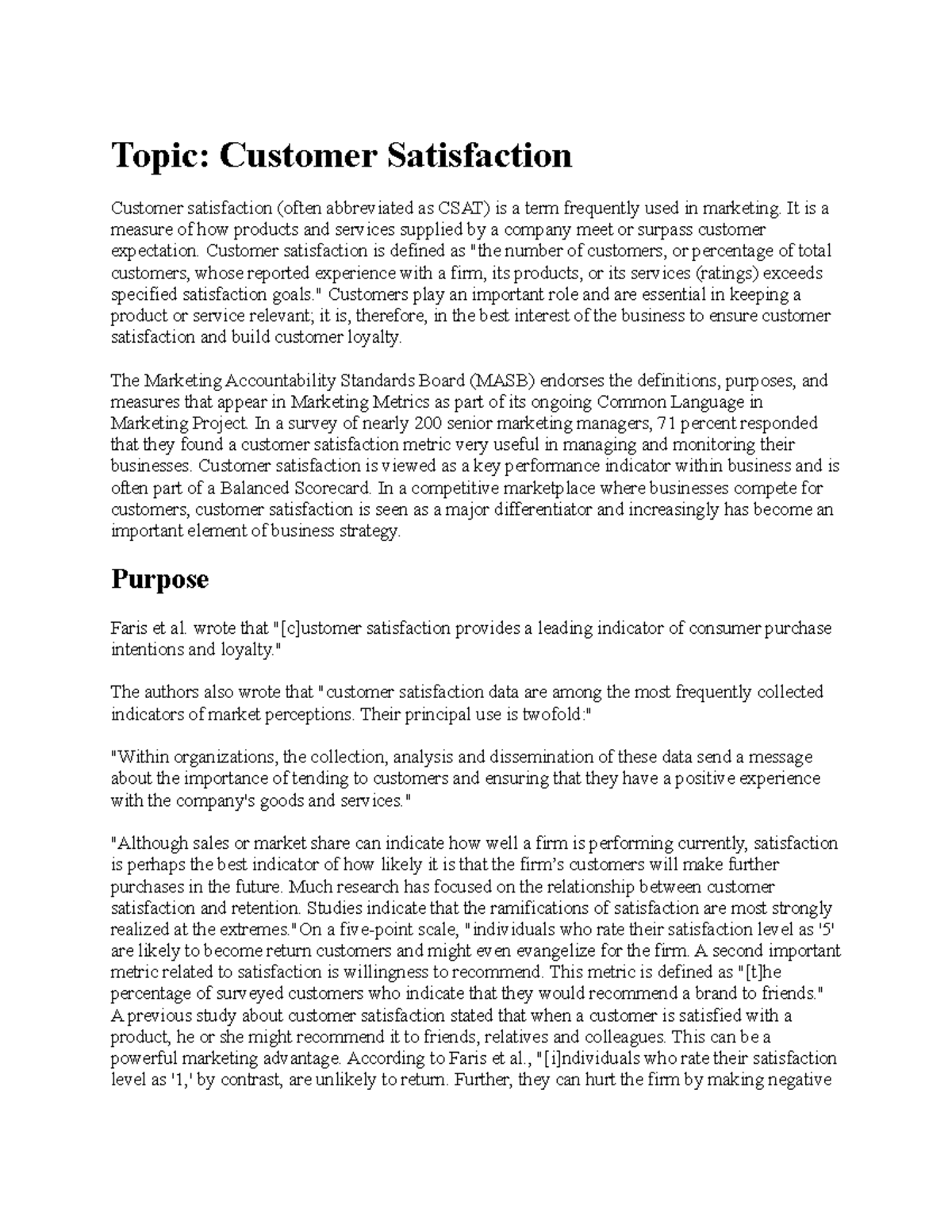 Customer Satisfaction - Topic: Customer Satisfaction Customer ...