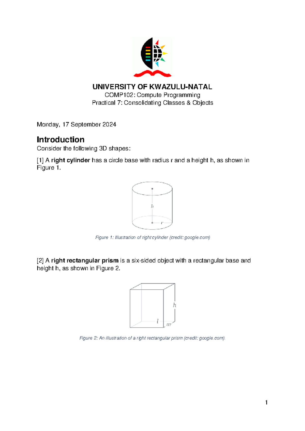Practical 7 - Consolidating Classes Objects - 1 UNIVERSITY OF KWAZULU-NATAL COMP102: Compute ...