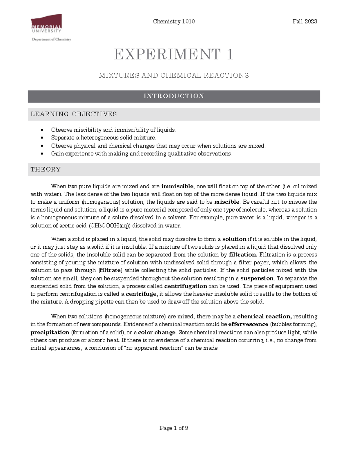 1010 Exp 1 Mixtures F2023 - Chemistry 1010 Fall 2023 EXPERIMENT 1 MIXTURES AND CHEMICAL ...
