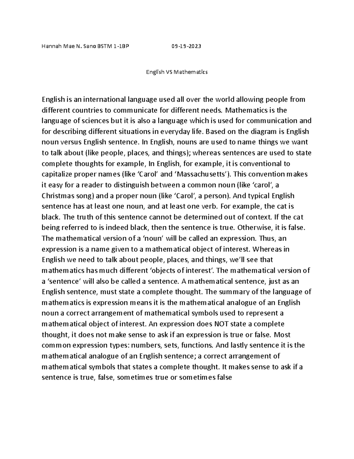 English VS Mathematics - Hannah Mae N. Sano BSTM 1-1BP 09-19- English ...