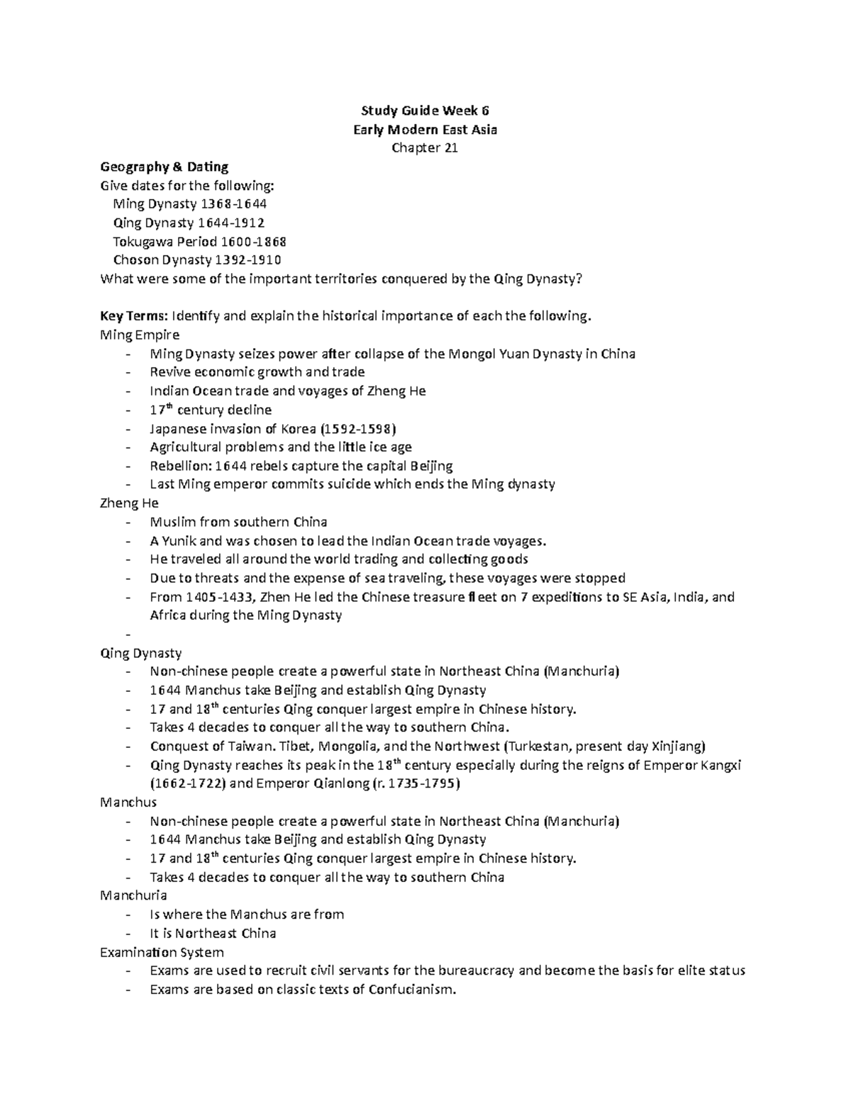 Study Guide Week 6 Early Modern East Asia - Study Guide Week 6 Early ...