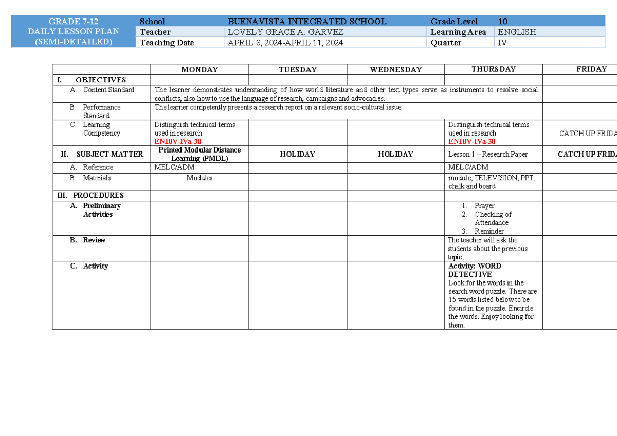 ENG10 Q4 DLP W2 - DLP - GRADE 7- DAILY LESSON PLAN (SEMI-DETAILED ...